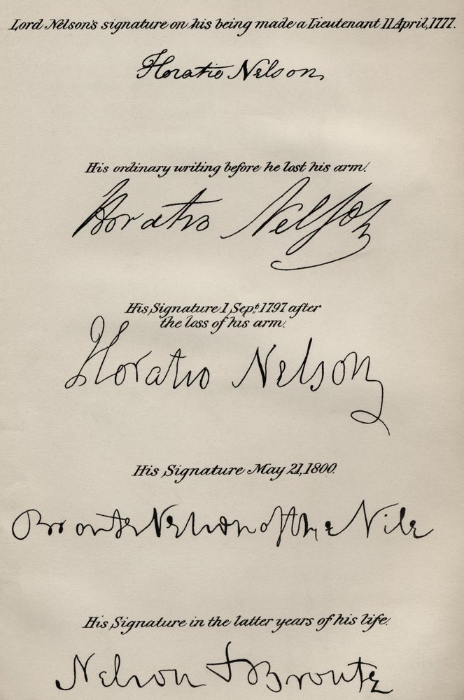 Les signatures de Lord Nelson avant et après la perte de son bras droit ...