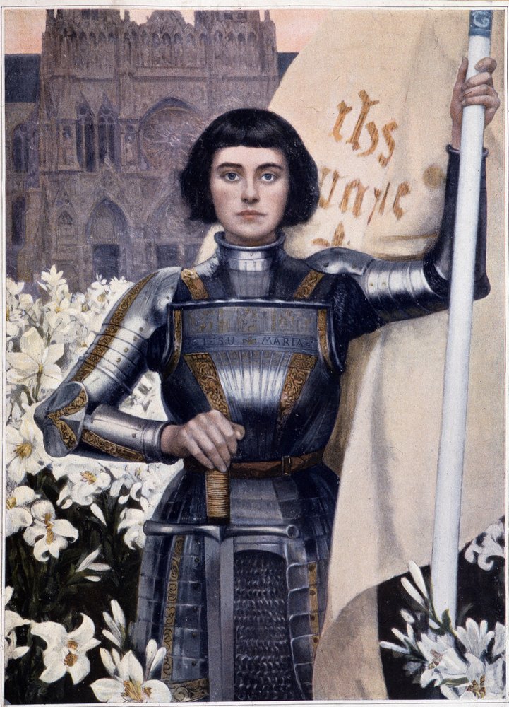 Portrait de Jeanne d'Arc avec drapeau et lys sur fond de la cathédrale ...