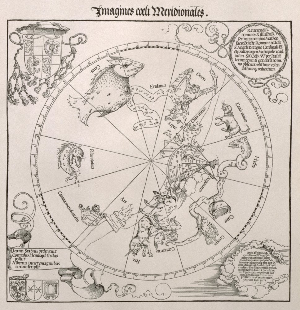 Carte du ciel austral, avec représentations des constellations, décorée ...