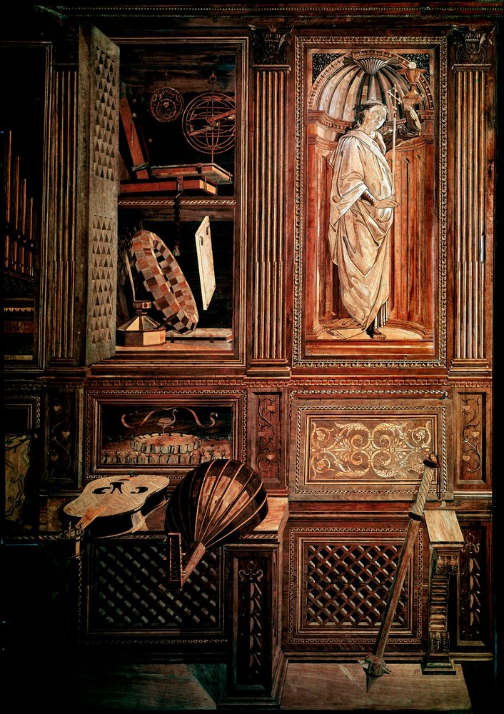 Studiolo du duc Frédéric III de Montefeltre, duc d'Urbino. Détail avec ...