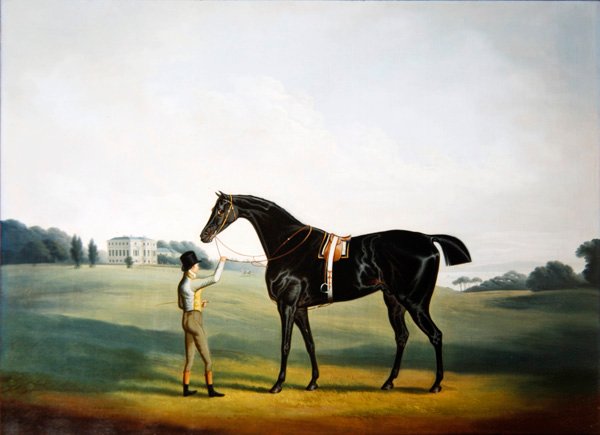 Un cheval et un palefrenier dans les jardins de Hooton Hall, Cheshire