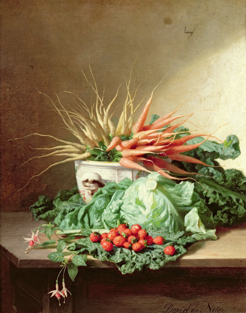 Nature morte de fraises, carottes et chou | Estampe d'art