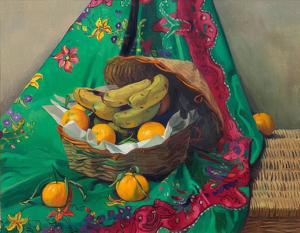 Panier avec mandarines et bananes | Estampe d'art