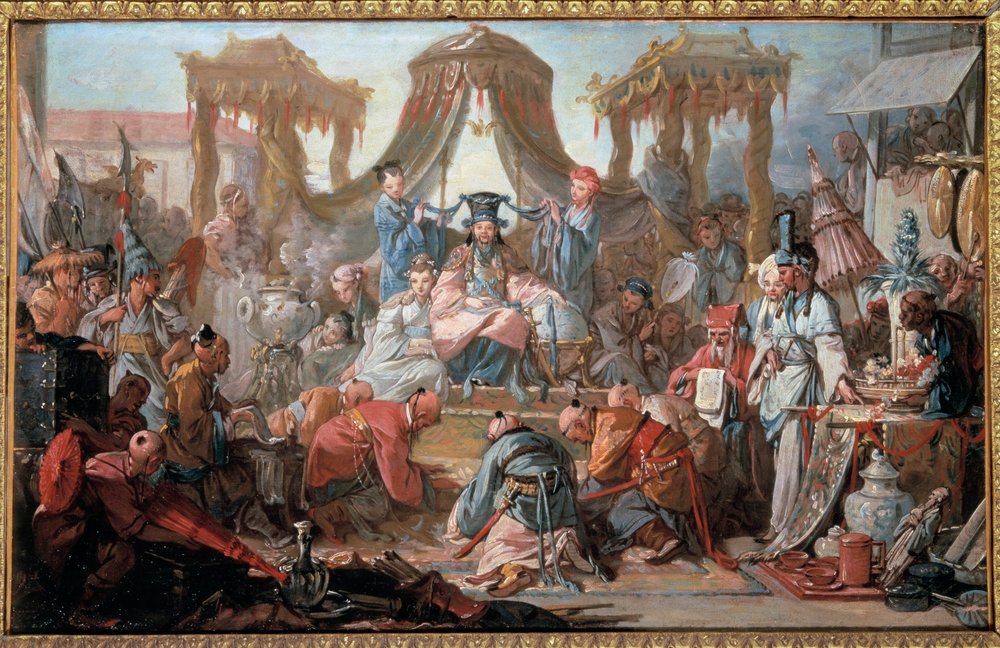 Audience de l'empereur de Chine. Les sujets se prosternent devant l ...