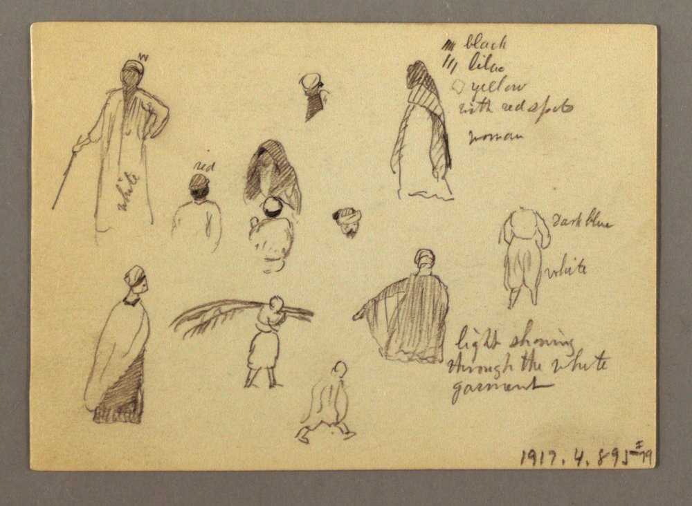 Dessin, douze croquis de figures, Joffa, Palestine, 1868