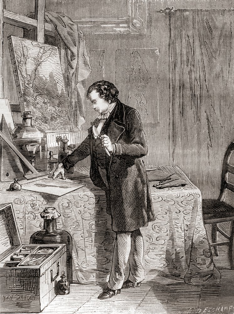 Louis-Jacques-Mandé Daguerre inventant le procédé photographique du ...