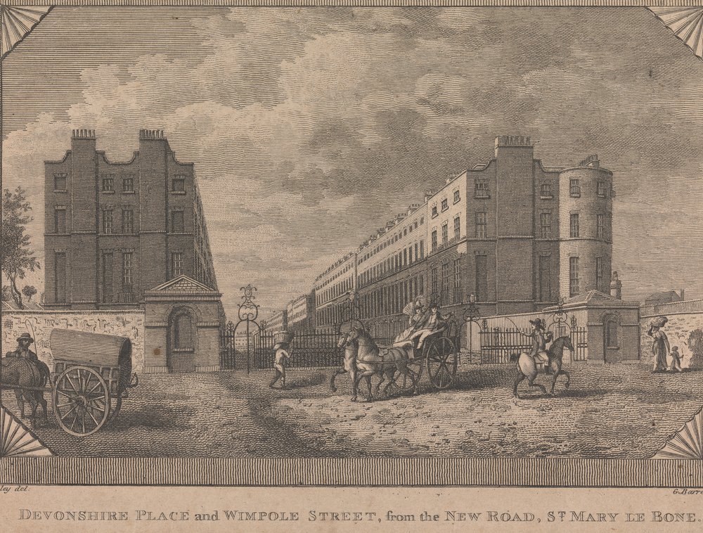 Devonshire Place et Wimpole Street, depuis la New Road, St. Mary le Bone