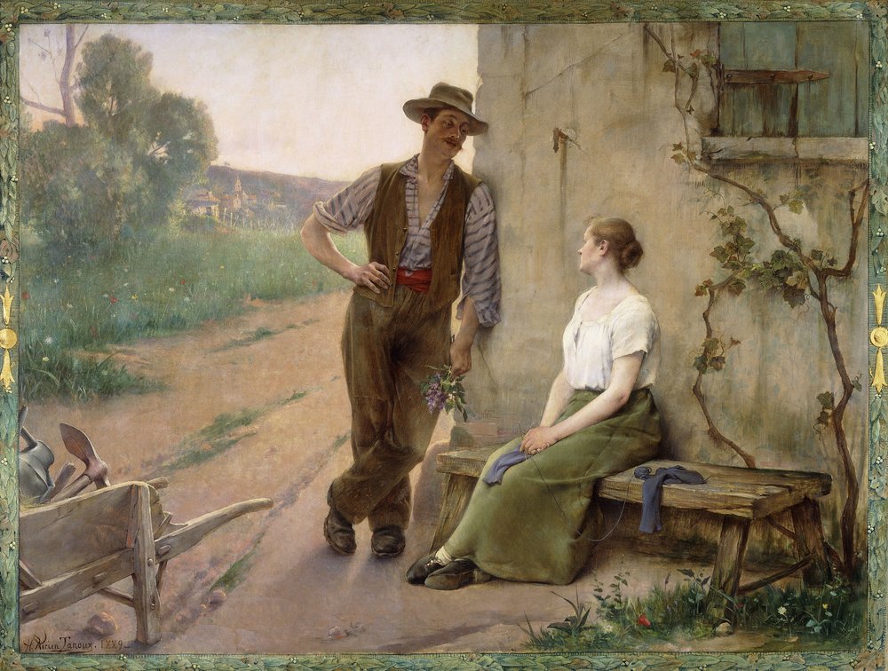 Couple de paysans dans une cour de ferme | Estampe d'art