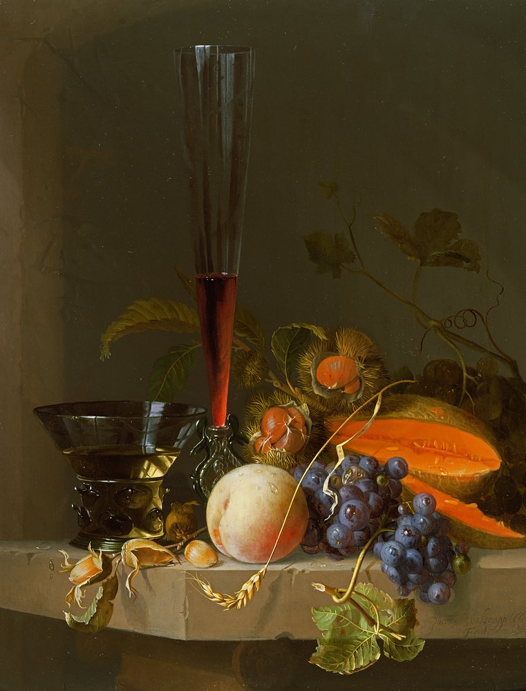 Nature morte de fruits sur une corniche avec un roemer et un verre à vin