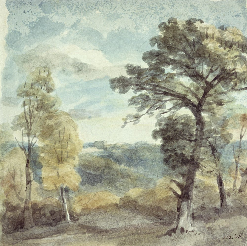 Paysage avec des arbres et un manoir lointain