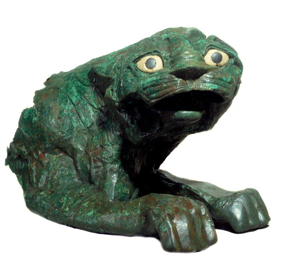 Mésopotamie : statue en bronze et lion en calcaire, gardien du temple ...