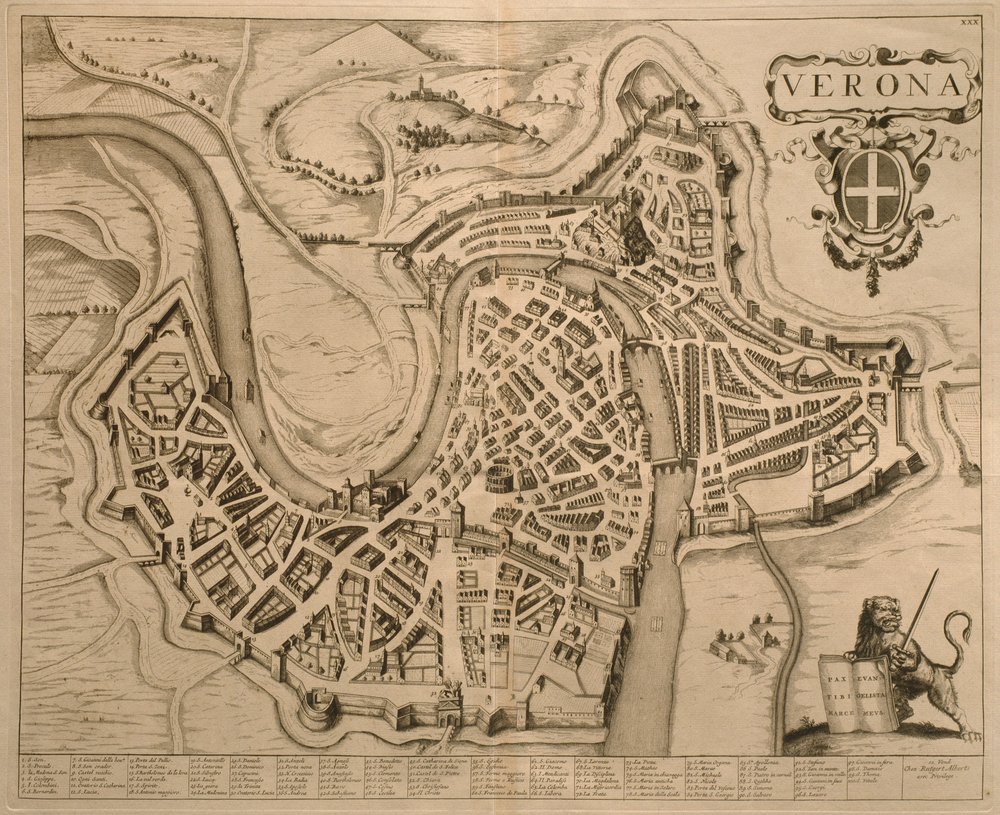 Carte de Vérone, de 'Les Villes de Vénétie', 1704, publié par Pierre ...