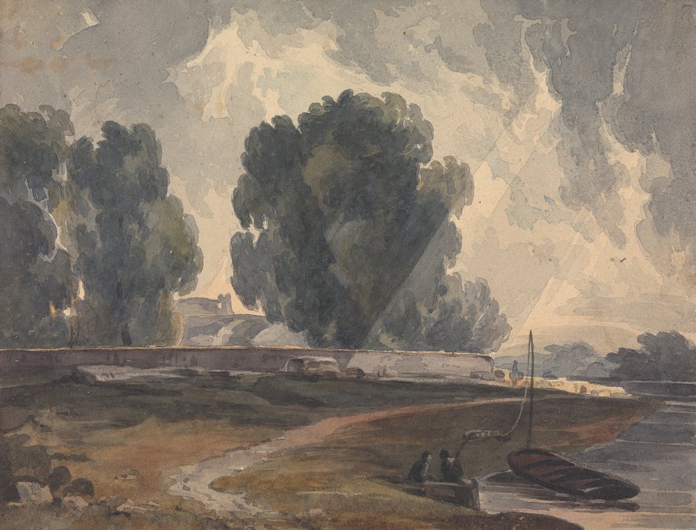 Paysage avec arbres et lac avec figures et bateau