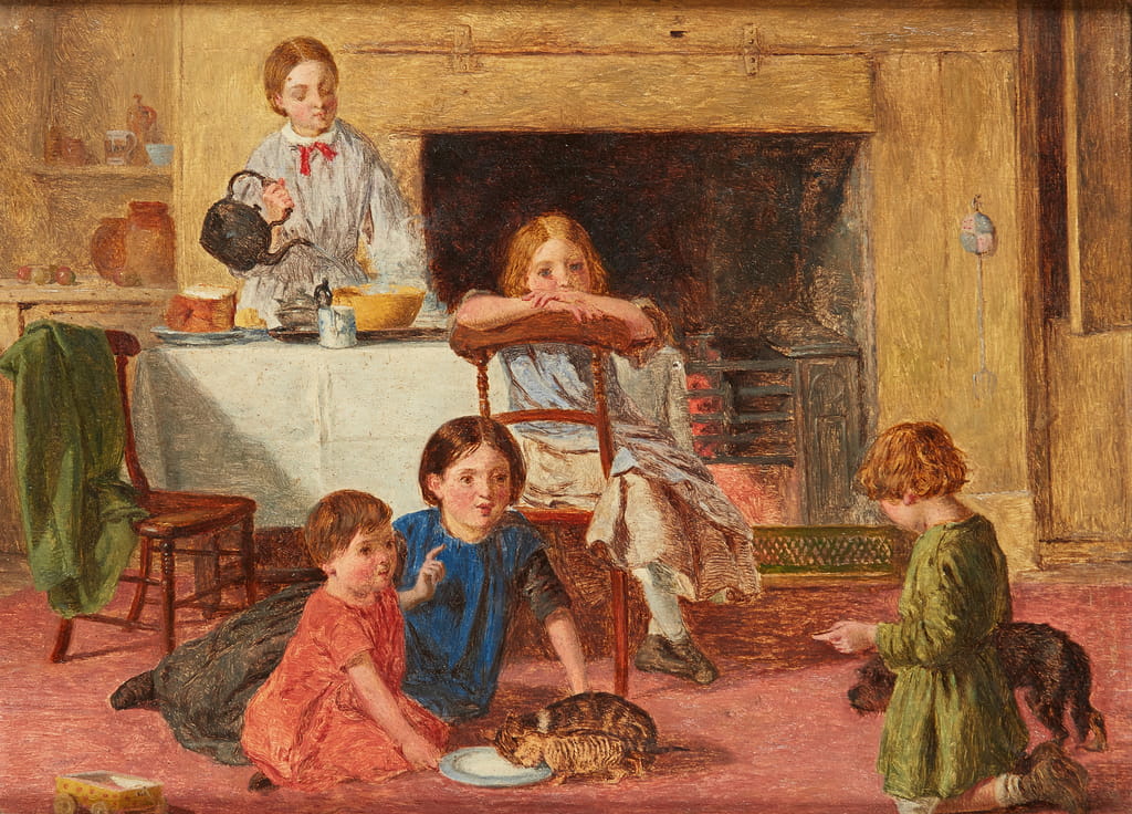 Nourrir le nouveau chaton ( huile sur panneau )