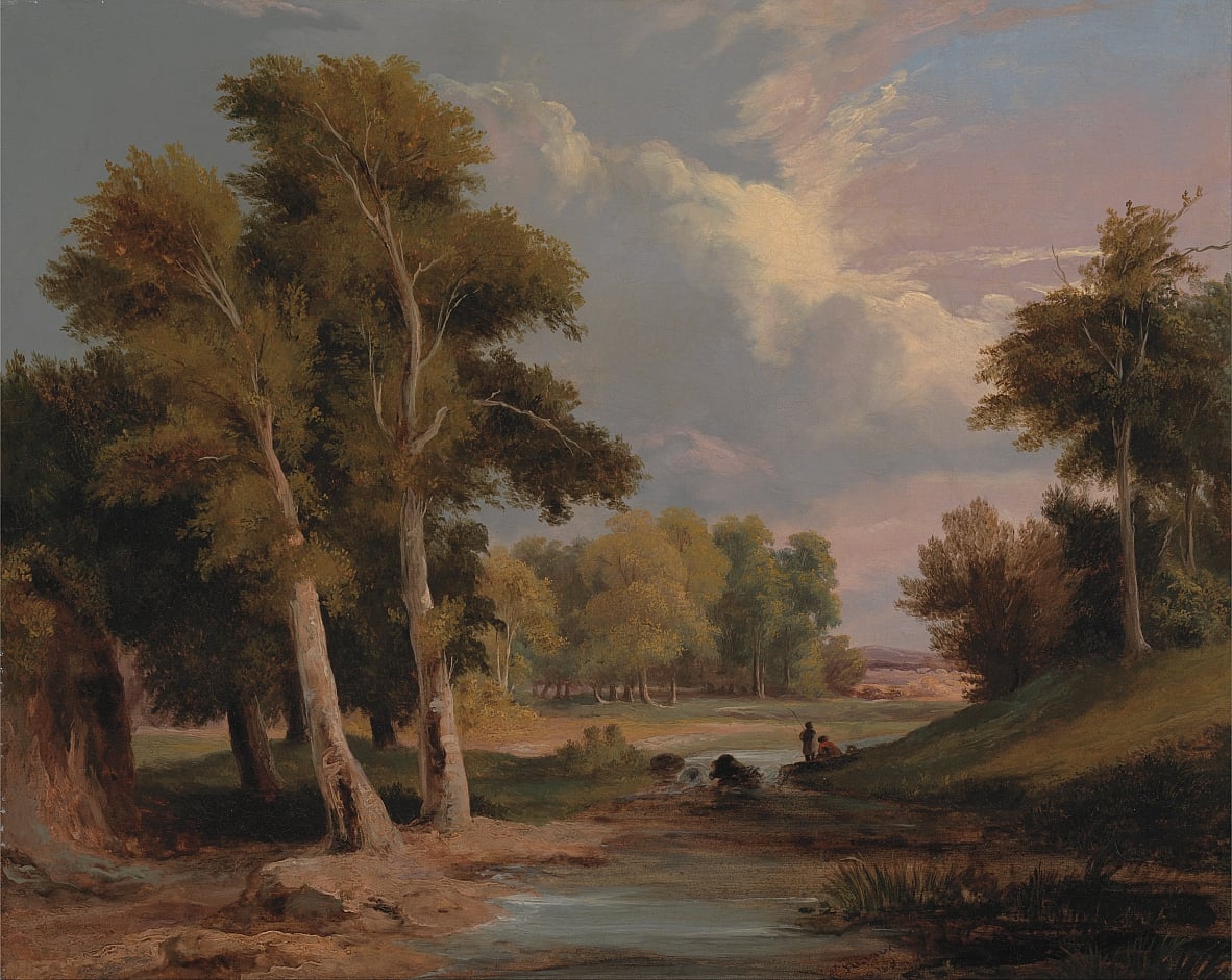 Paysage de rivière boisée avec des pêcheurs