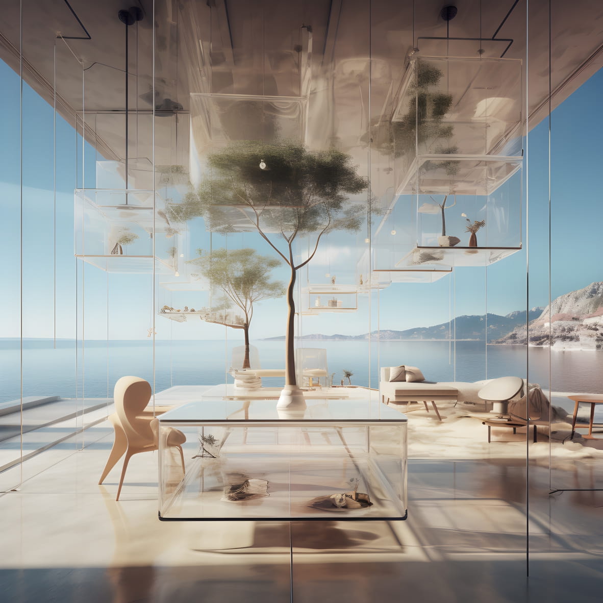 Bâtiment transparent avec la table de l'île au milieu 4