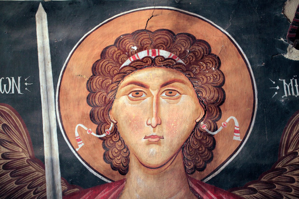 Fresque byzantine du 15ème siècle (détail), Archange Michel, Église de ...