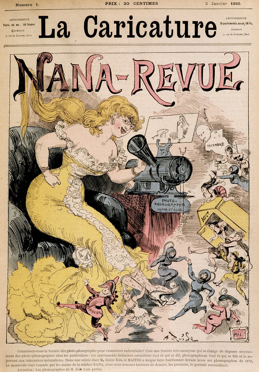 Nana-Revue : caricature sur Zola et son œuvre "Nana" par Robida - dans "La Caricature" du 03/01/1880