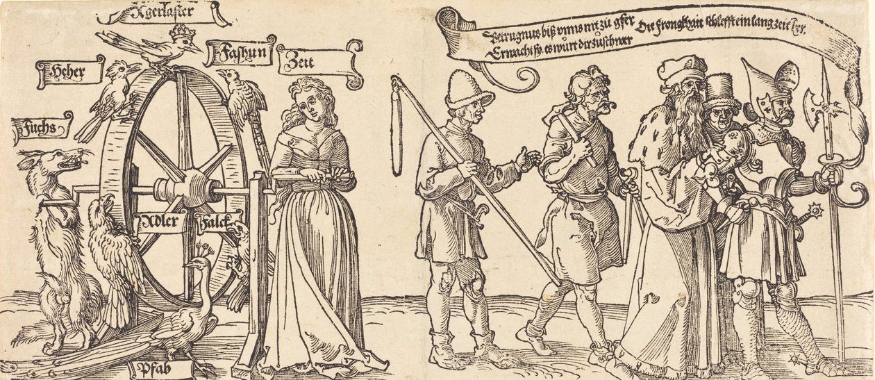 Le Temps et un renard tournant la roue de la fortune avec des gens de ...