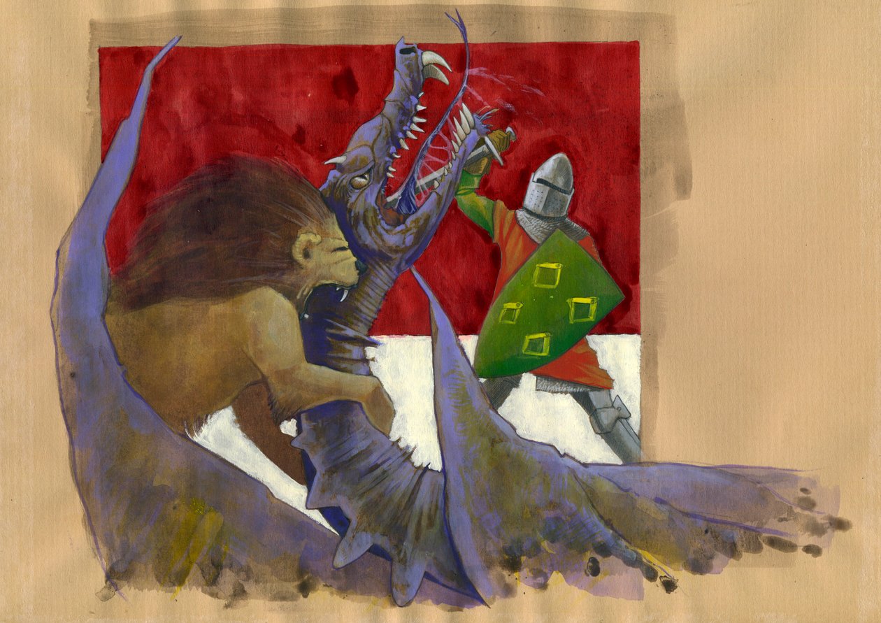 Yvain, le Chevalier au Lion combattant le dragon. Illustration par ...