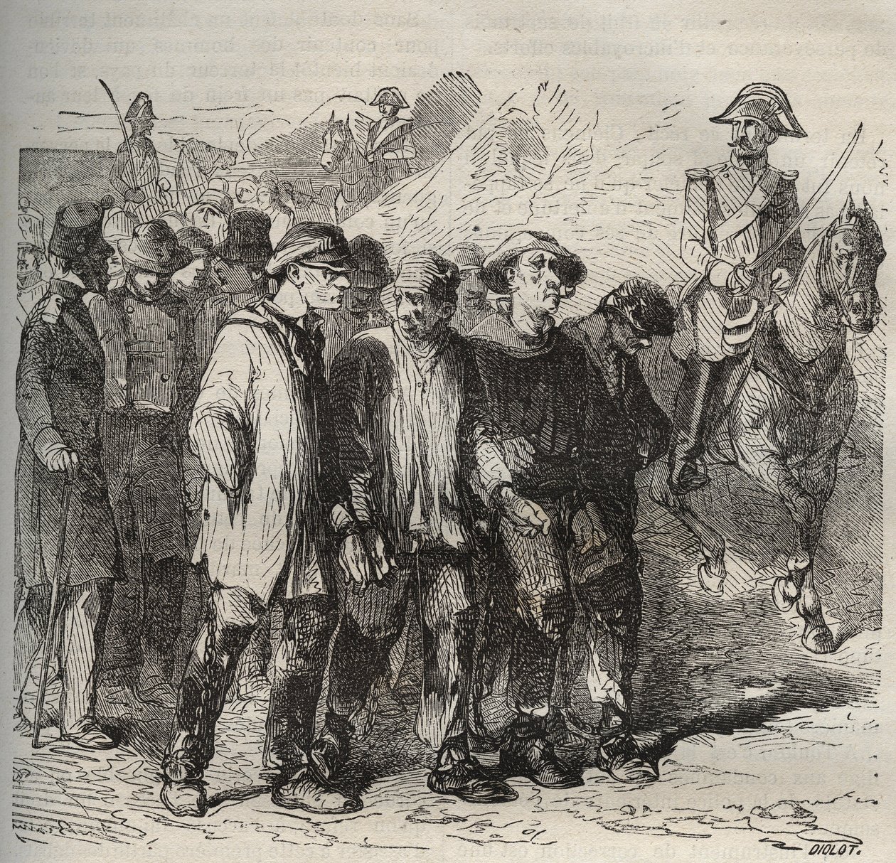 Forçats en marche au bagne de Rochefort au XIXe siècle. Gravure dans ...