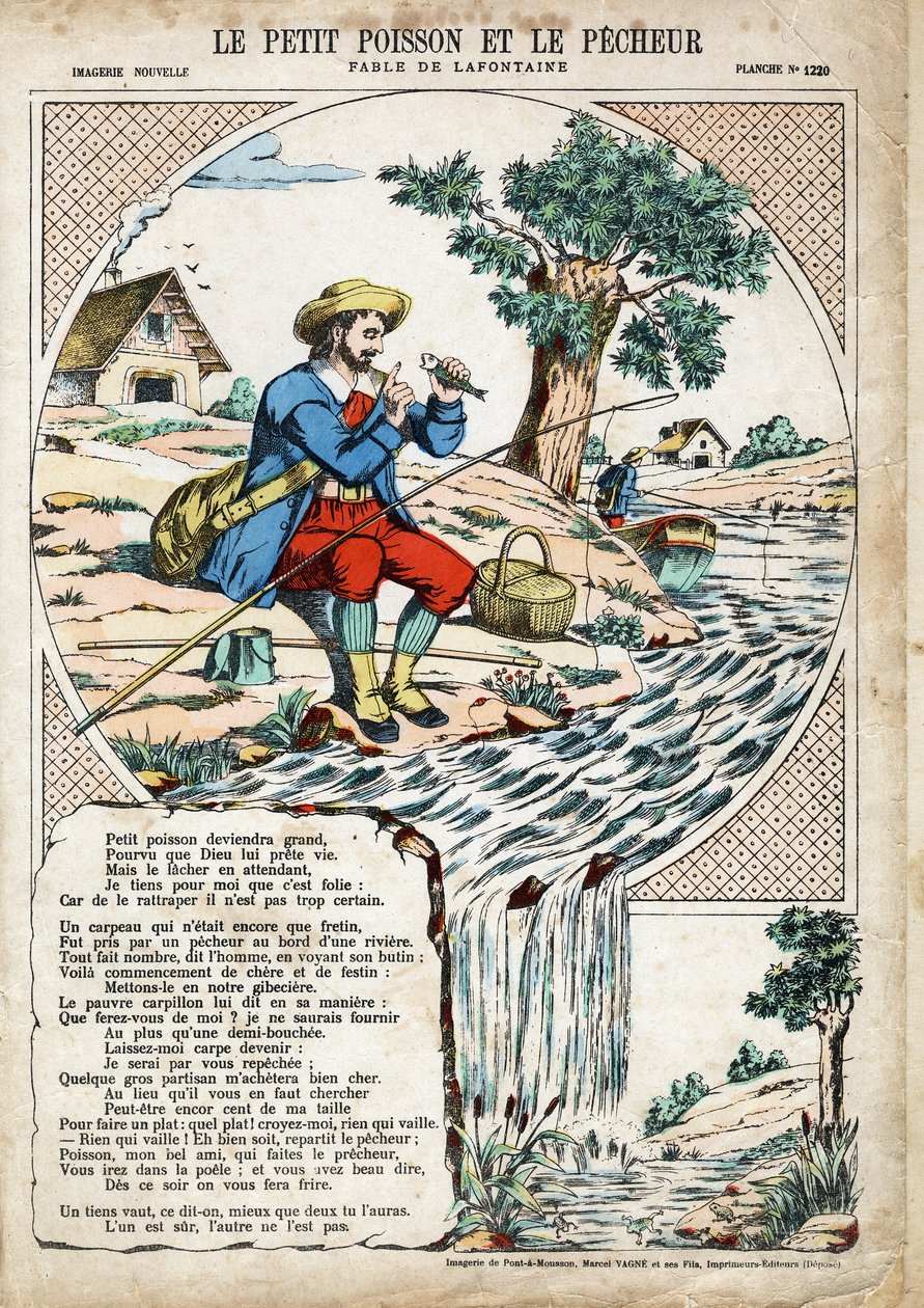Le petit poisson et le pêcheur. Illustration anonyme pour Les Fables de ...