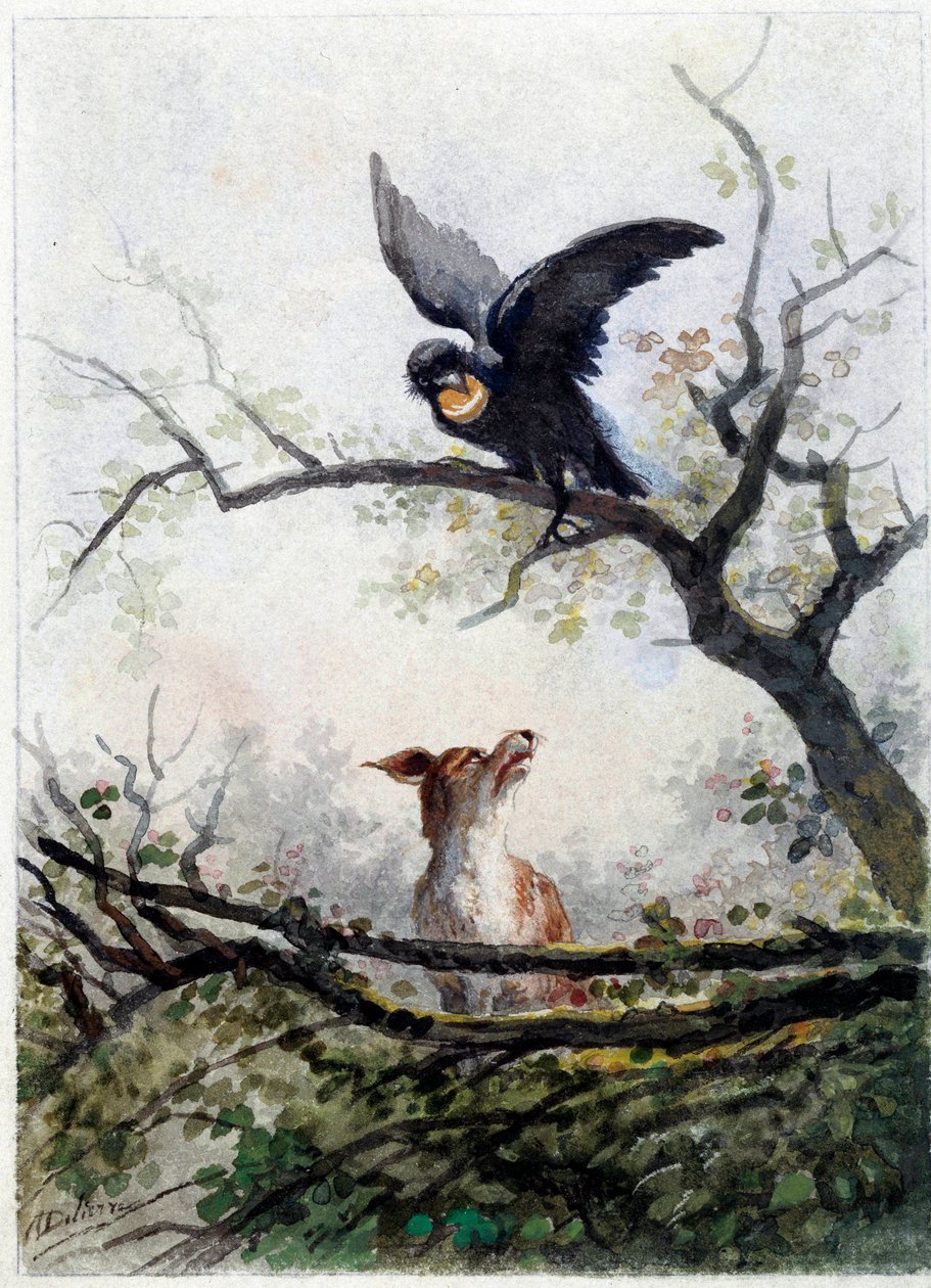 Le renard et le corbeau. Illustration de la fable de Jean de La Fontaine