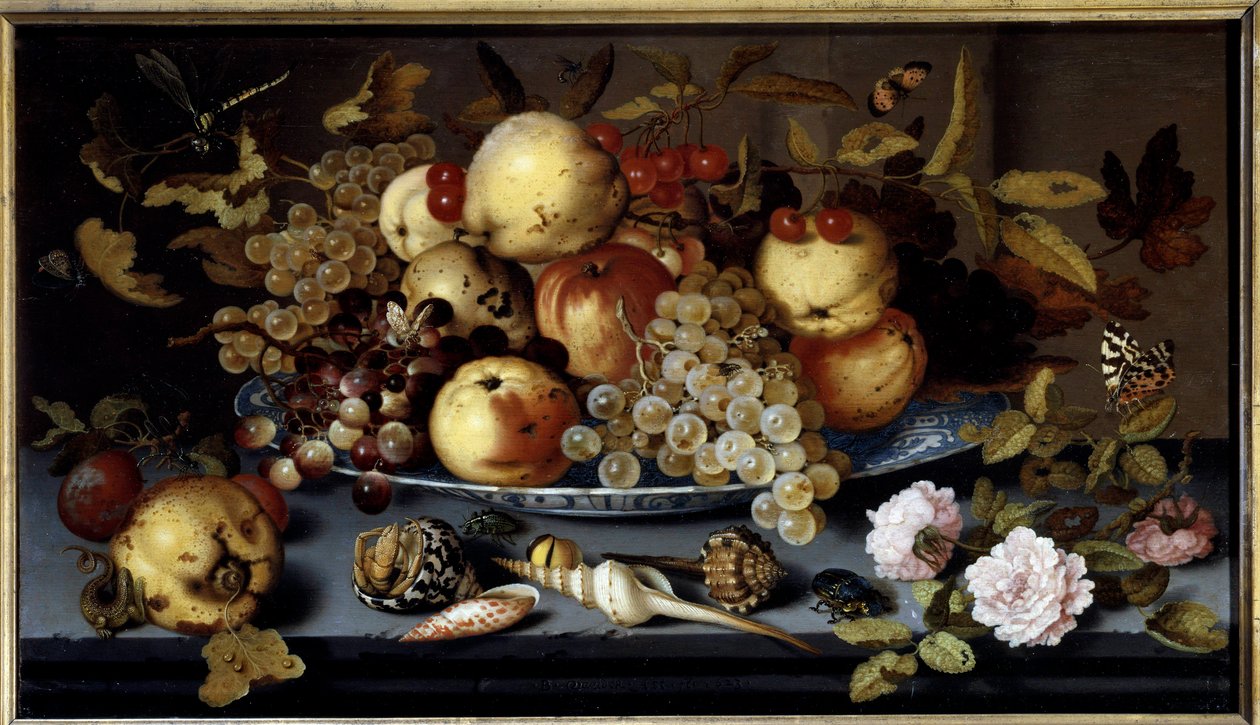 Nature morte de fruits, fleurs, coquillages et insectes
