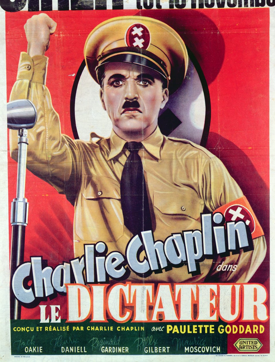 Affiche publicitaire pour 'Le Dictateur' de Charlie Chaplin, première sortie en 1940, vers 1945