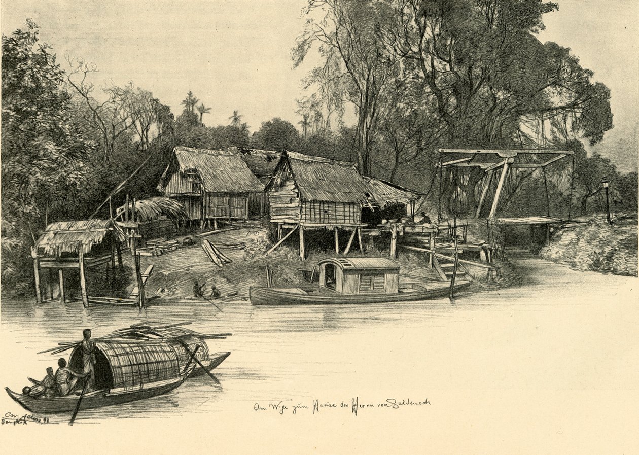 Maisons sur pilotis, Bangkok, Siam, 1898 | Estampe d'art