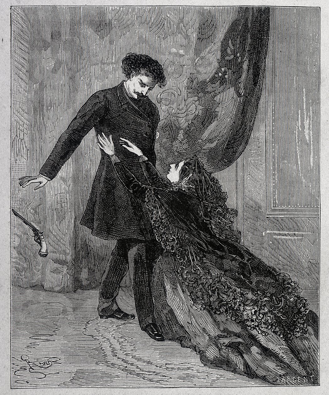 Edmond Dantès et Mercedes - Gravure de Riou, dans "Le Comte de Monte ...