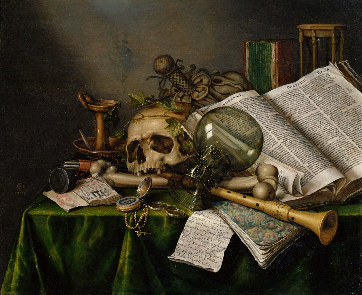 Vanité. Nature morte avec livres, manuscrits et un crâne