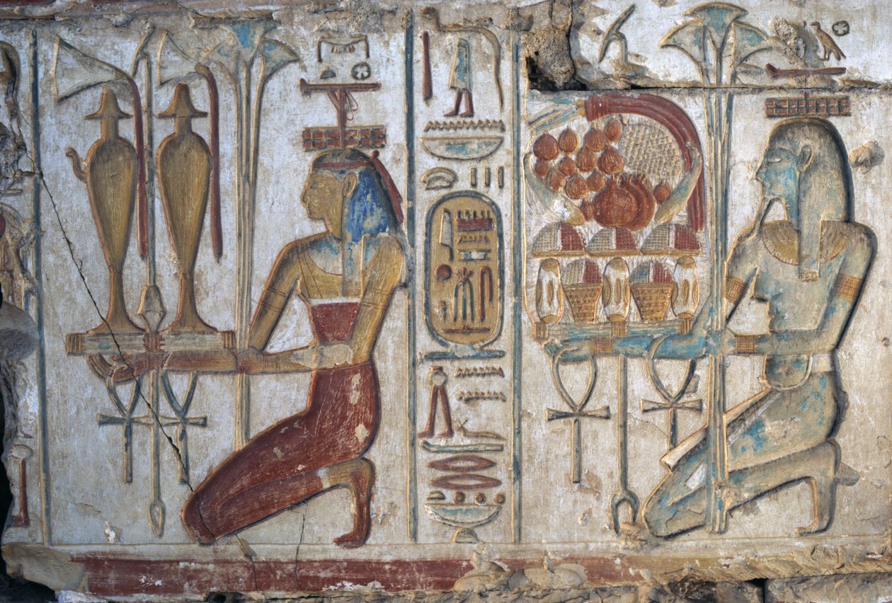 Scène d'offrande, relief, Temple de Ramsès II, Abydos, Egypte ...