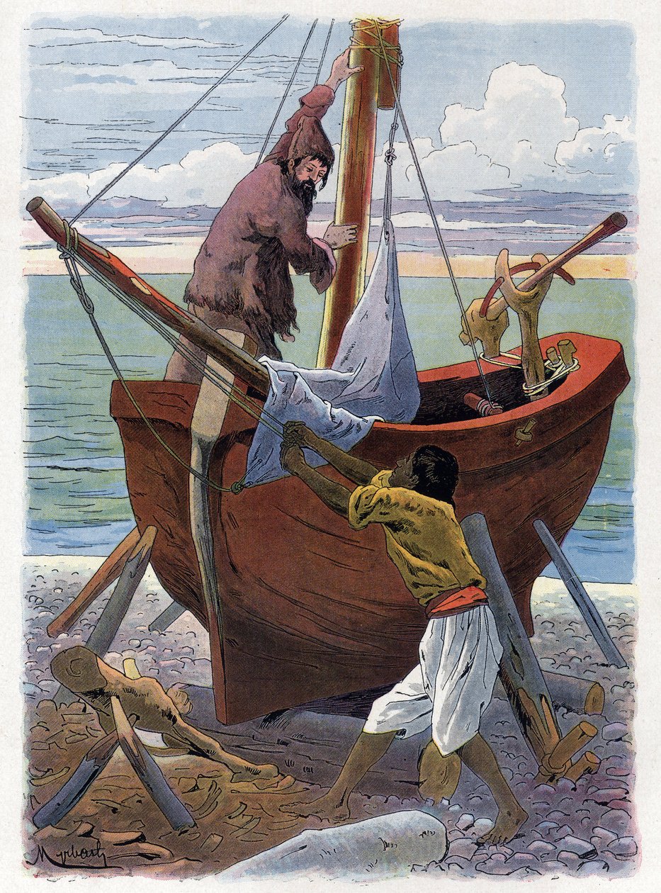 Robinson Crusoé et Vendredi construisent un bateau