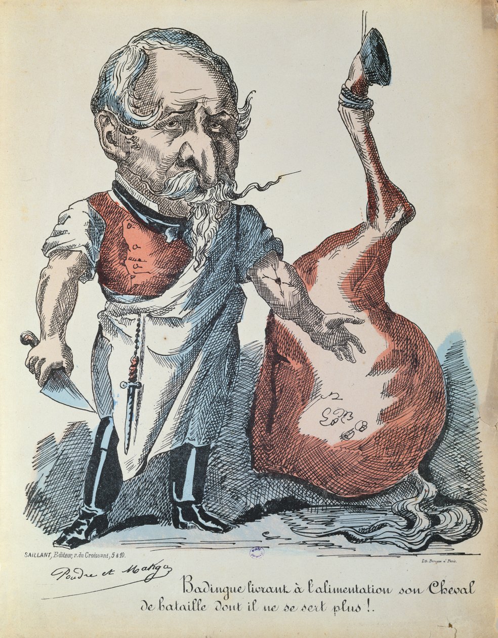 Caricature de Napoléon III en boucher de chevaux pendant le siège de ...