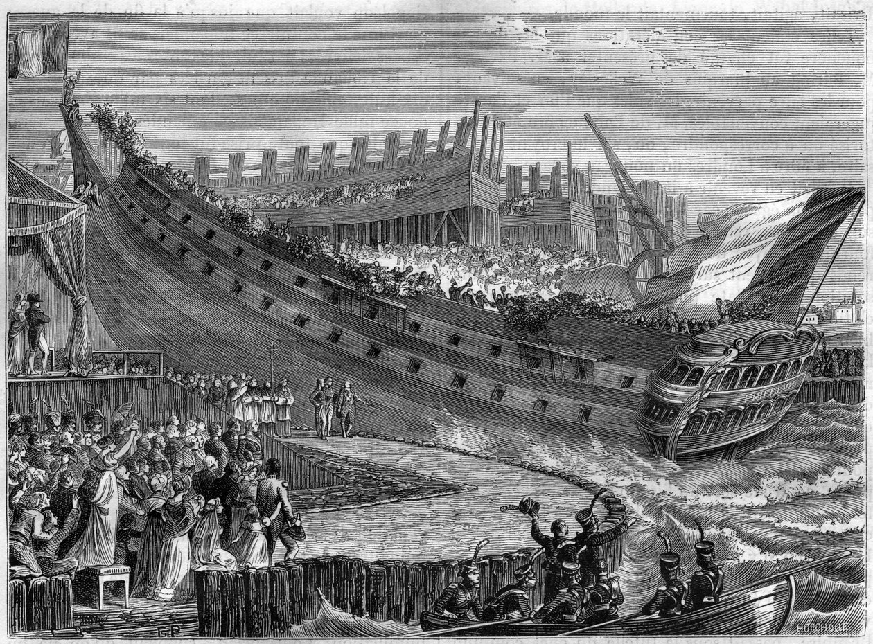 Napoléon (1769-1821) et Marie-Louise (1791-1847) au lancement du « Friedland » à Anvers, le 2 ...