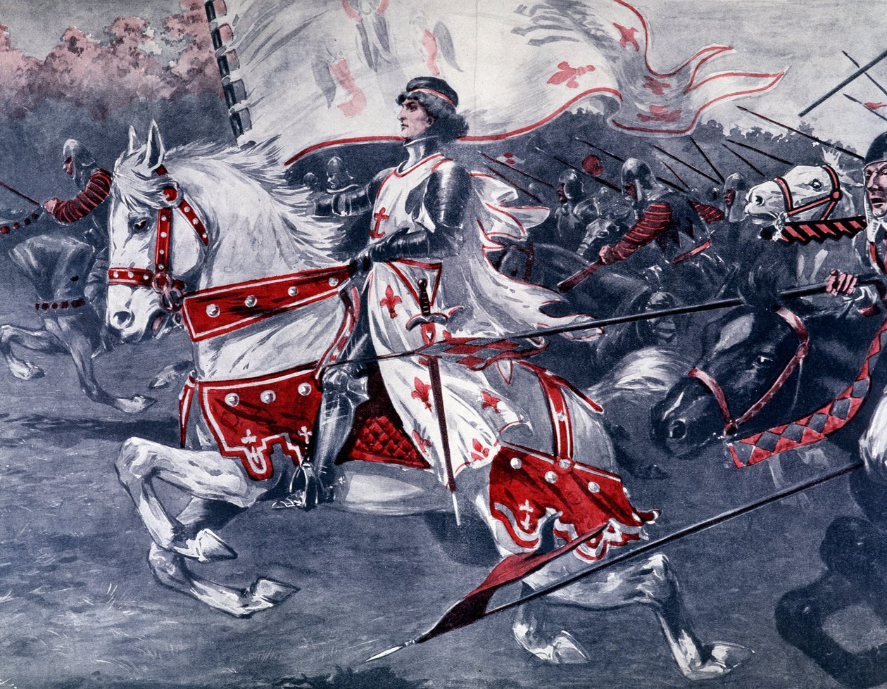 Portrait de Jeanne d'Arc à cheval avec drapeau royal, fin XIXe France
