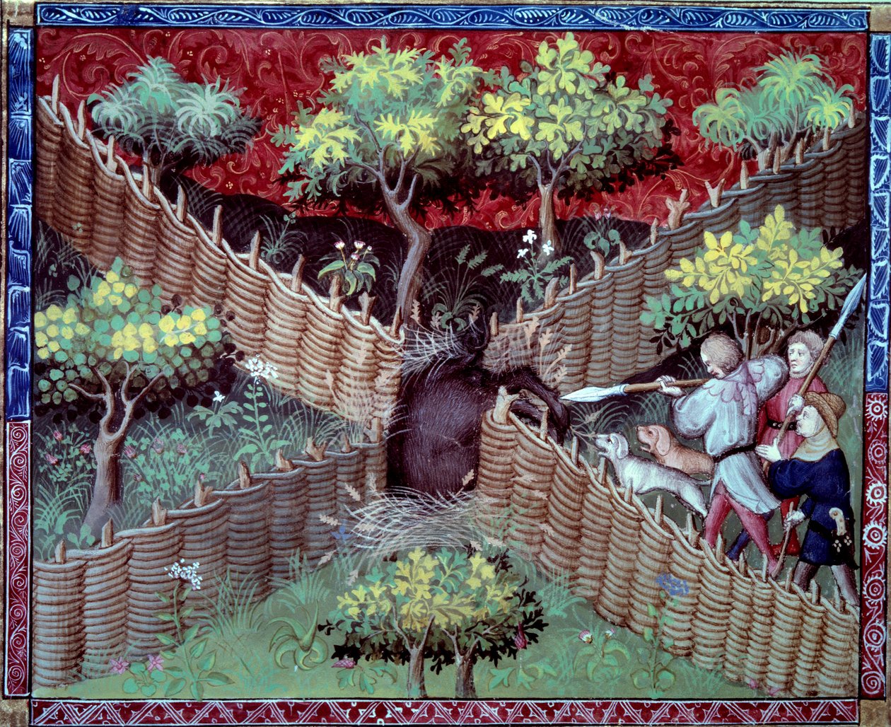 La chasse au sanglier miniature tirée du “Livre de la chasse” de Gaston ...