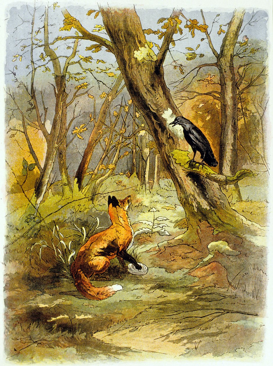 Fable de La Fontaine : Le Corbeau et le Renard (illustration, vers 1900)