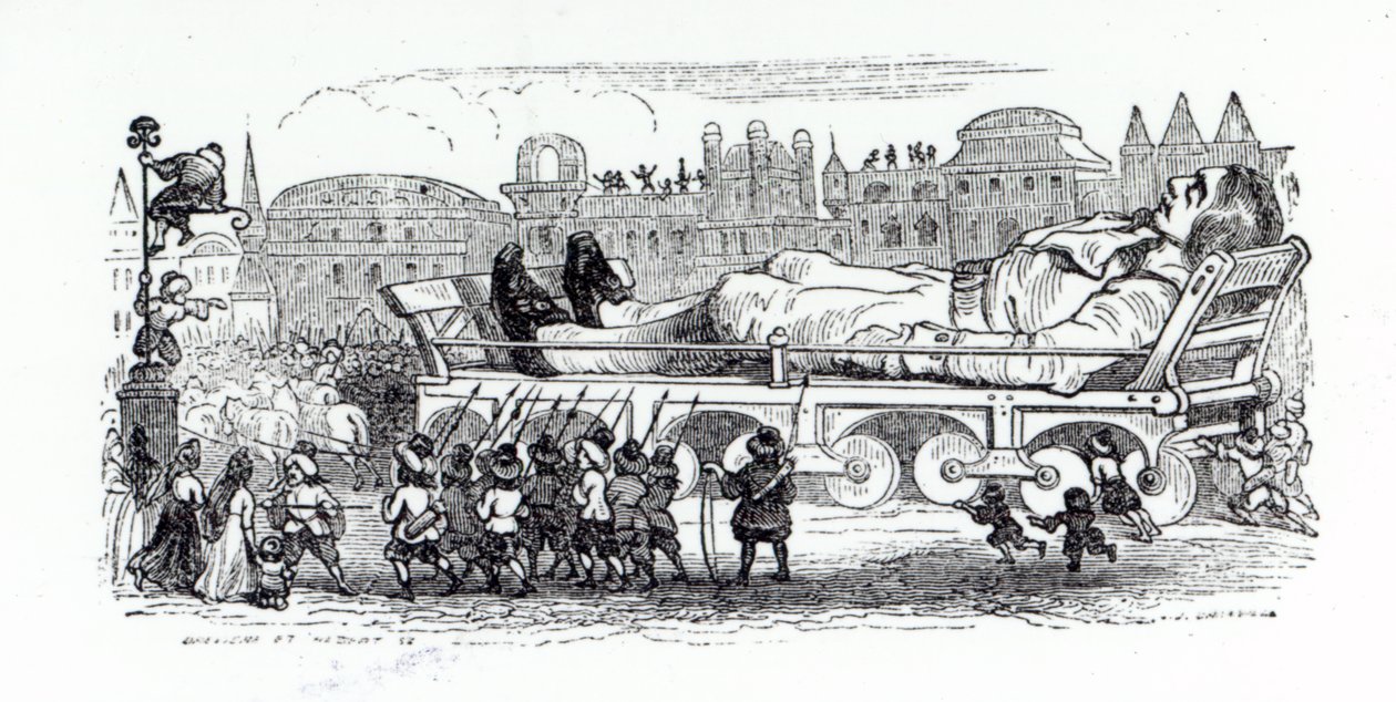 Gulliver transporté à la capitale lilliputienne, une illustration de ...