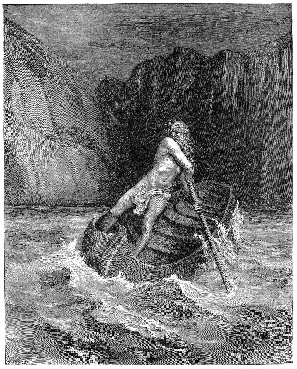 Charon le passeur ramant pour recueillir Dante et Virgile, pour les transporter à travers le ...