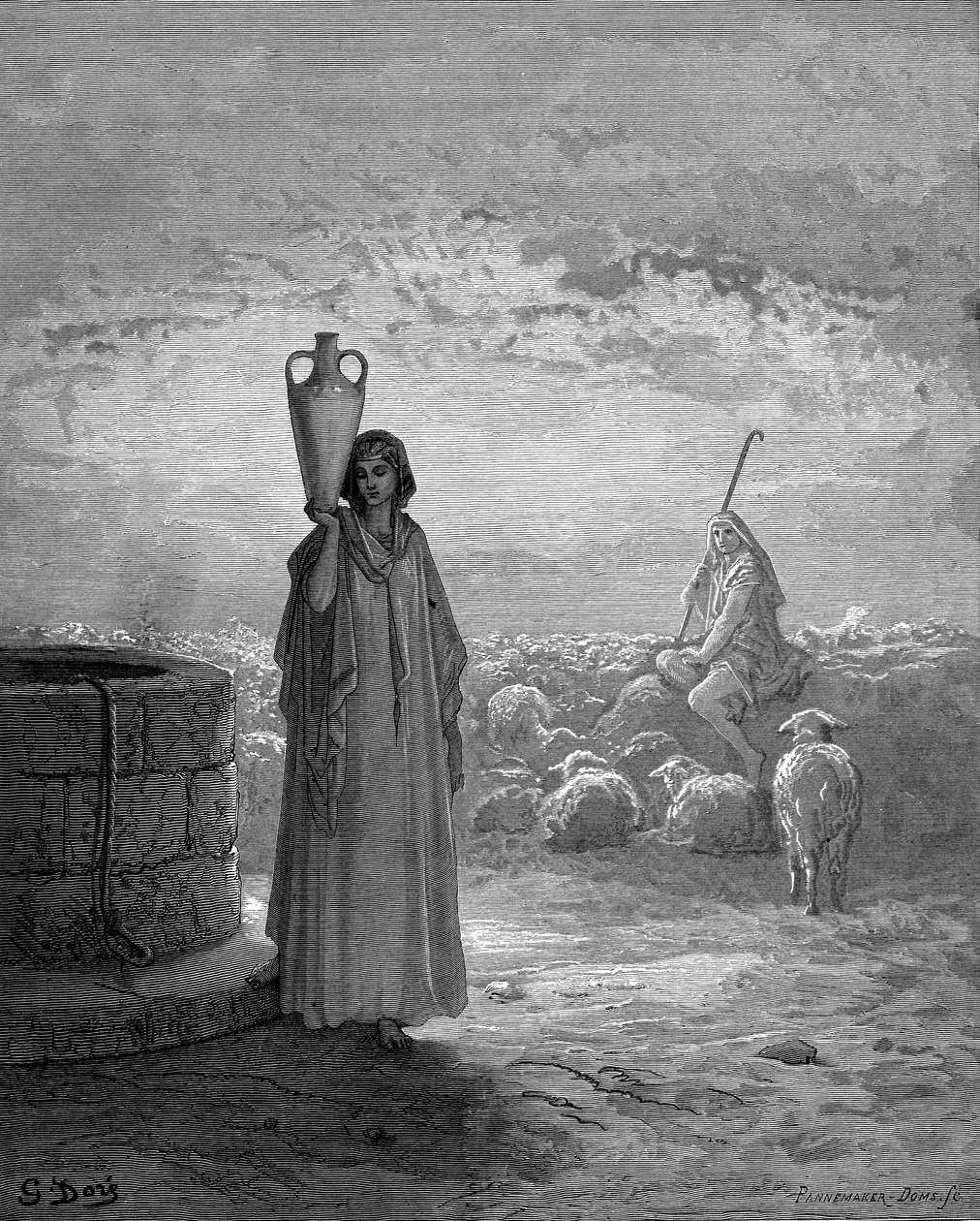 Jacob, qui garde les troupeaux de Laban, voit Rachel au puits, 1866.