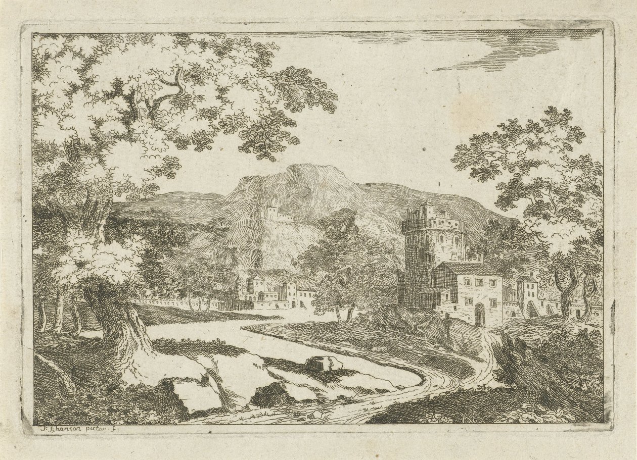 Paysage fluvial avec maisons et tours | Jean Joseph Hanson