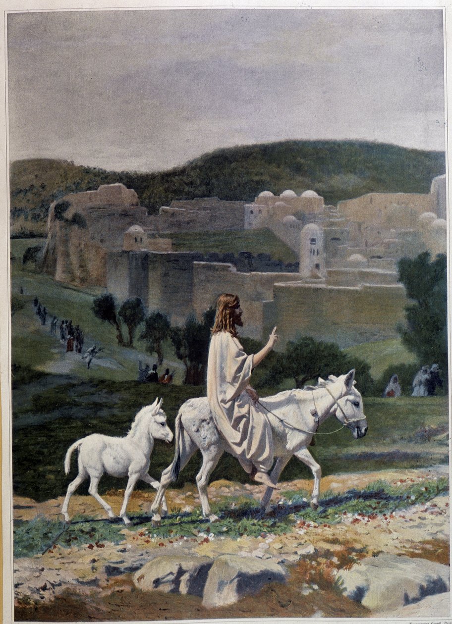 Entrée du Christ à Jérusalem le jour des Rameaux. Gravure d'après une ...