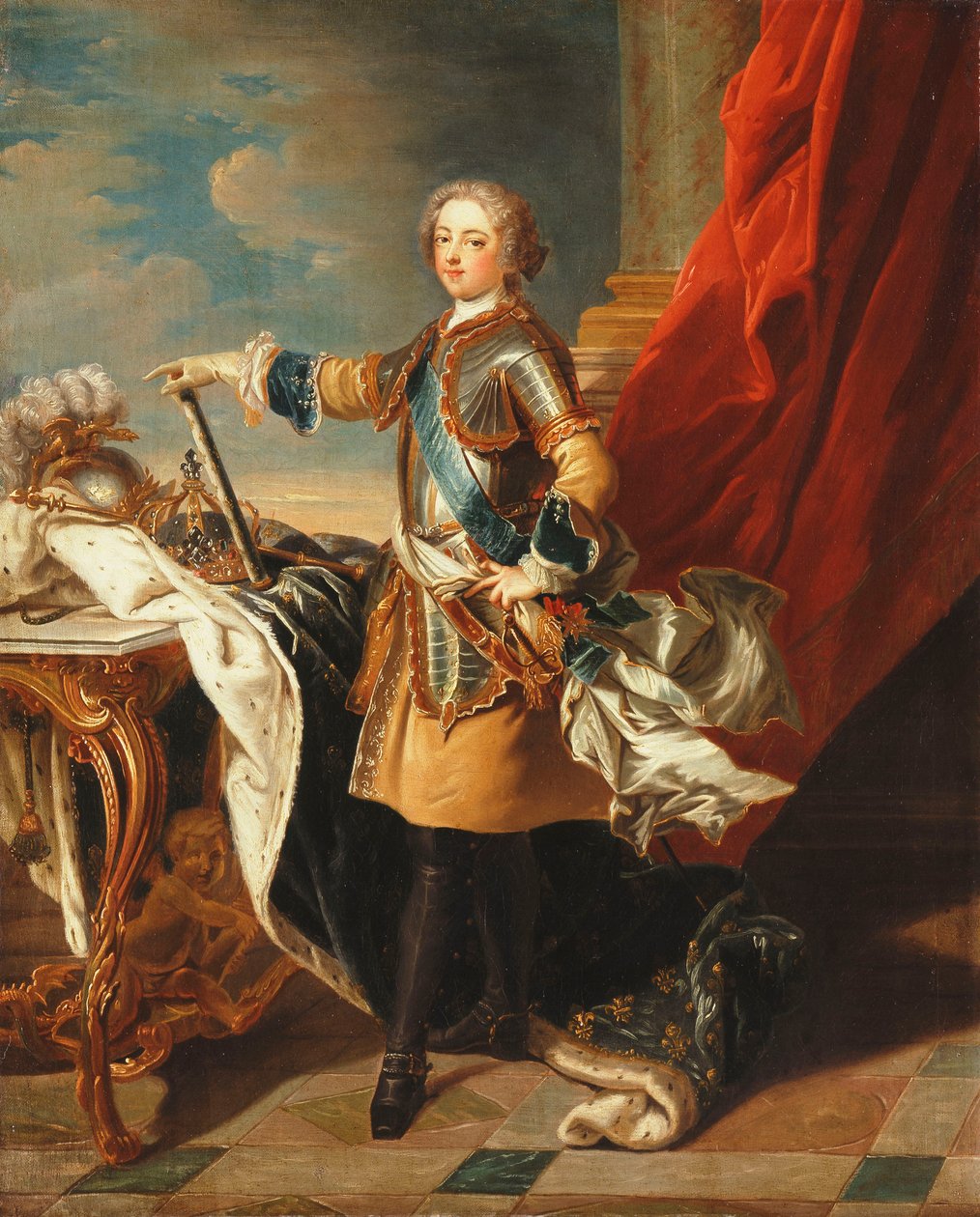 Portrait du roi Louis XV, en pied, portant une demi-armure