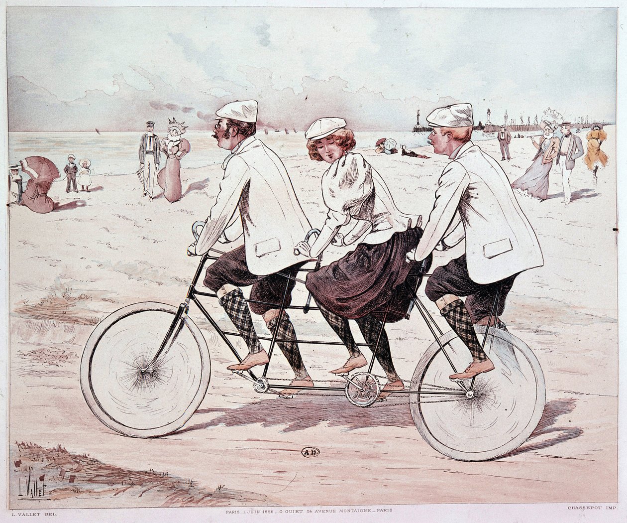 Tandem, trois personnes à vélo sur la plage - dessin de L. Vallet