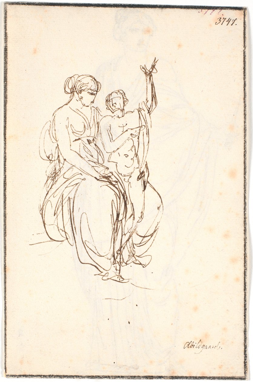 Jeune femme assise avec un garçon nu debout levant un bras