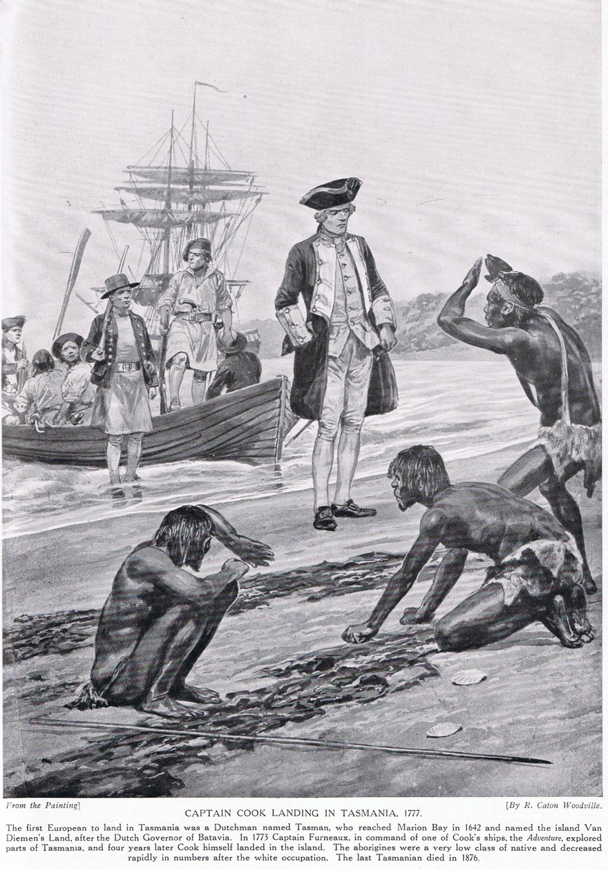 Le capitaine Cook débarquant en Tasmanie, 1777, illustration de ...
