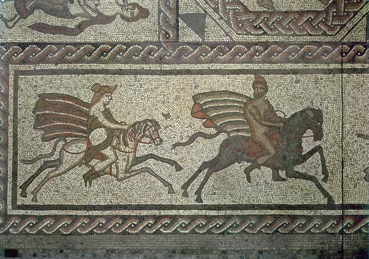 Pavement en mosaïque de la villa romaine de Low Ham, illustrant l ...