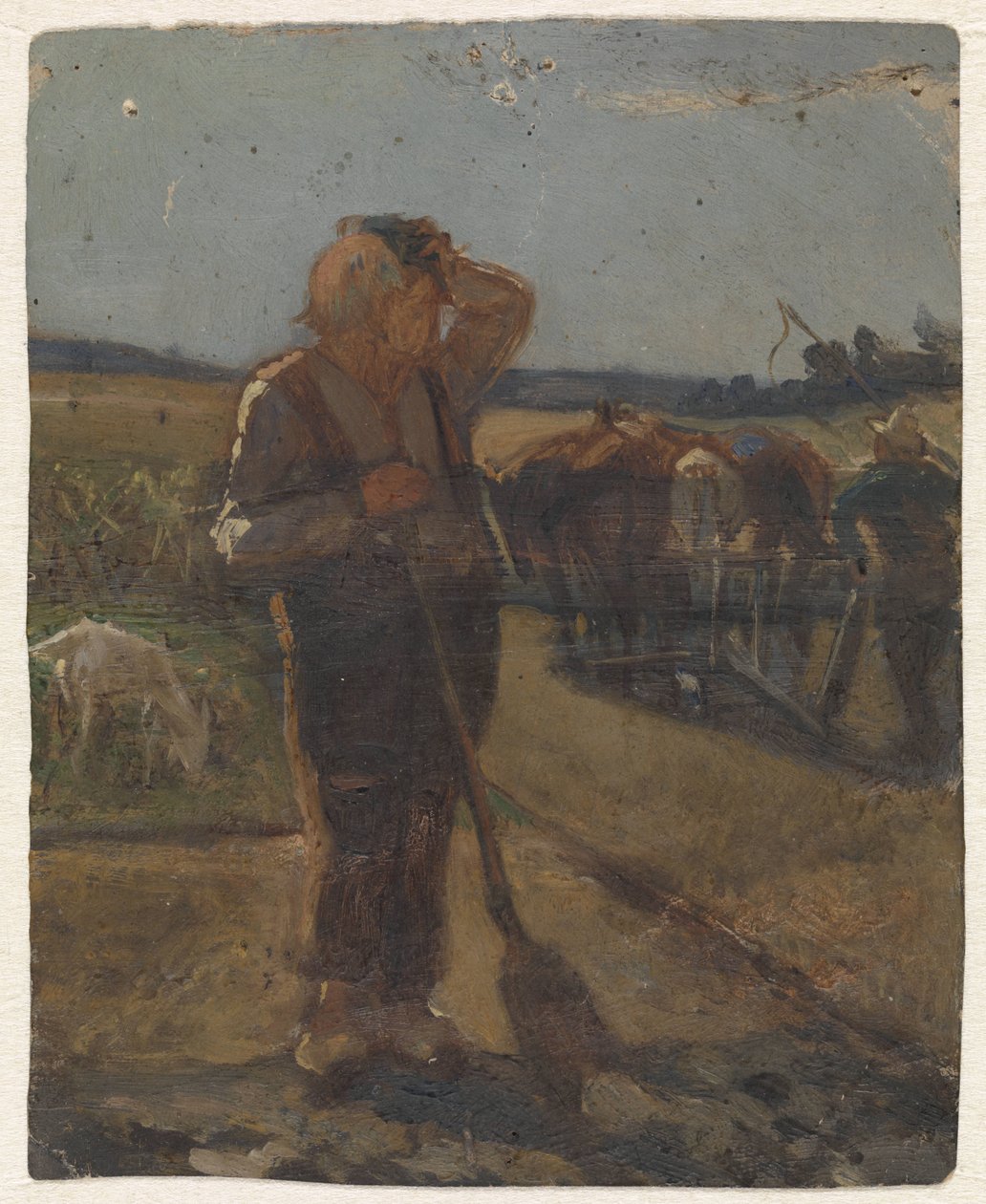 Fermier debout avec une pelle sur le terrain | Estampe d'art